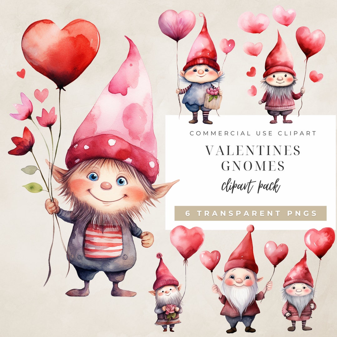 Valentine Gnomes Clipart PNG Bundle – Watercolor Hearts & Balloon ...