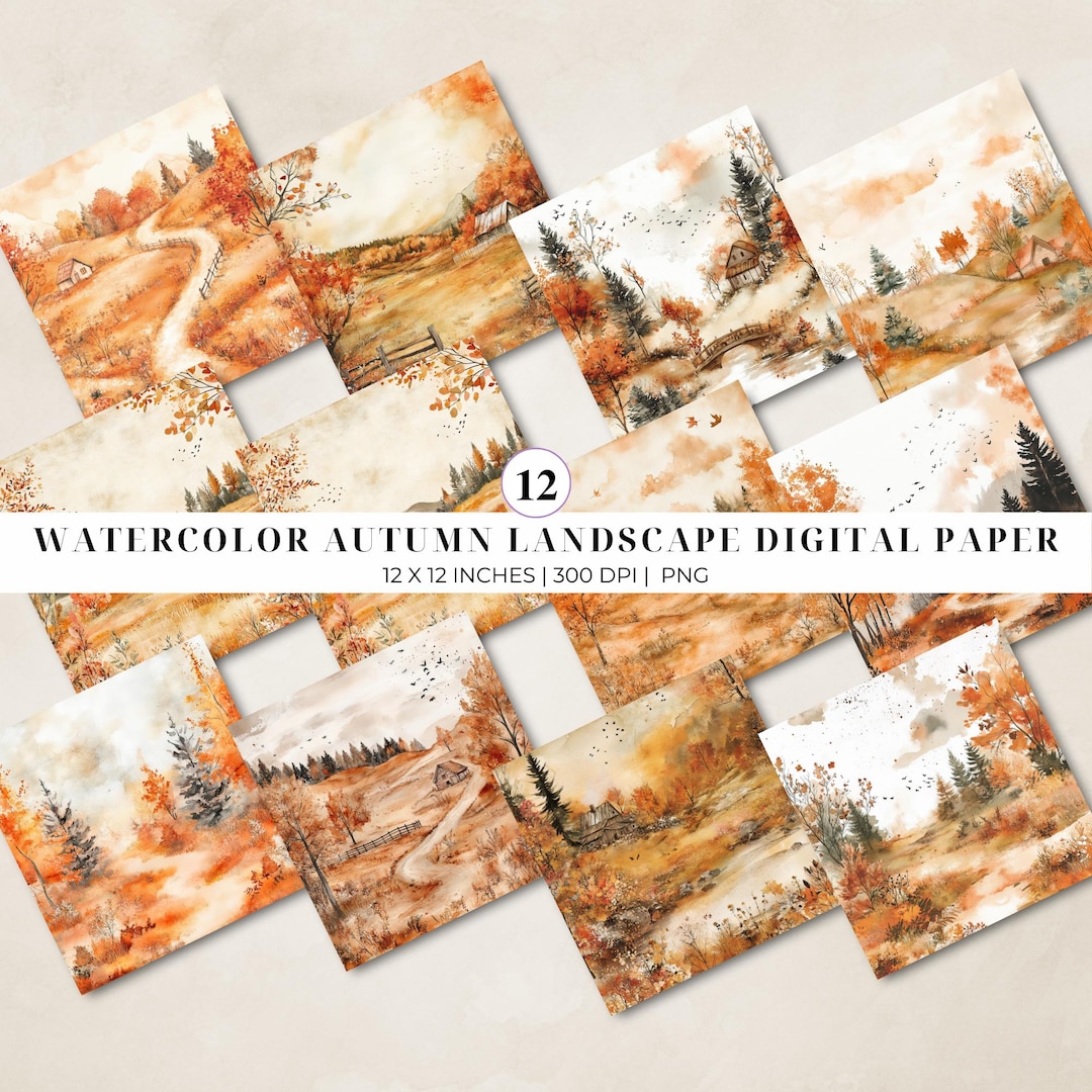 Watercolor Autumn Landscape Digital Paper | Cozy Fall Scene Pngs ...