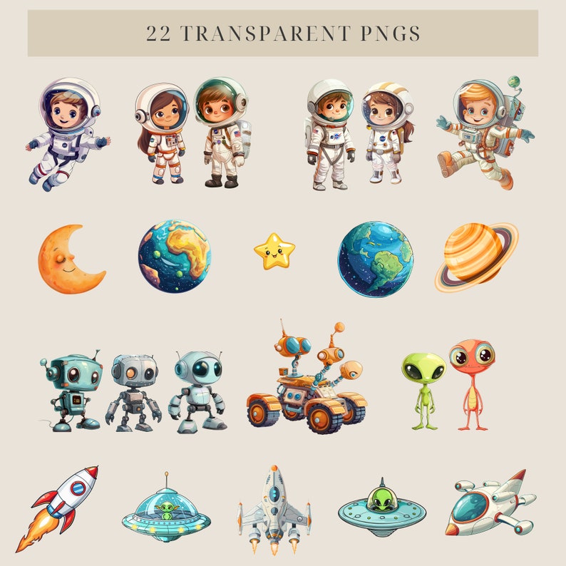 Space Astronaut Clipart PNG Bundle: Rockets, Ufos & Aliens for Crafts ...