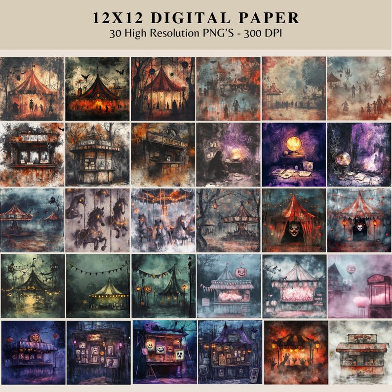 Haunted Carnival Digital Paper | Spooky Circus & Carousel Horses PNG for Halloween Crafts - Etsy