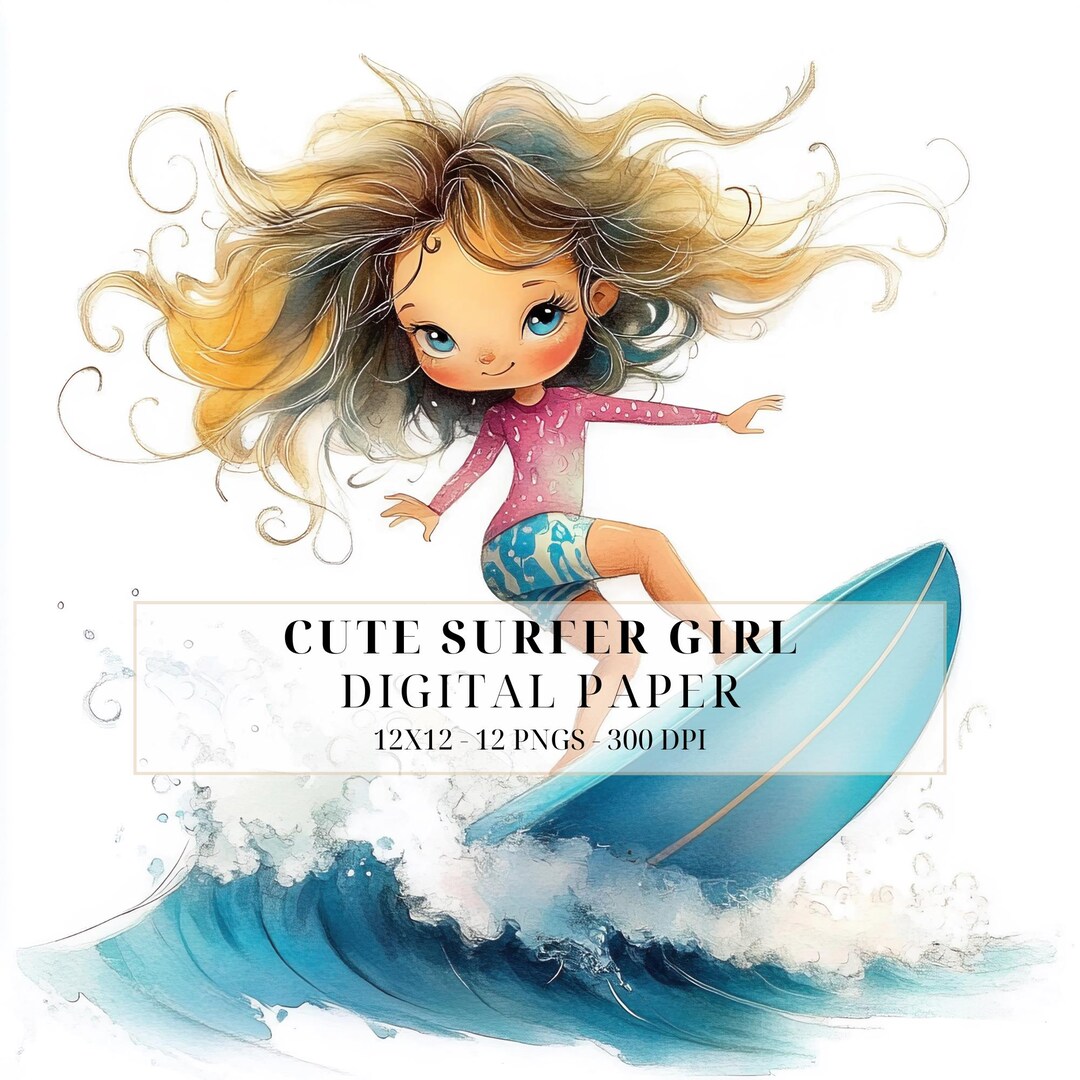 Watercolor Surfer Girl Clipart | Whimsical Beach Girls PNG (digital ...