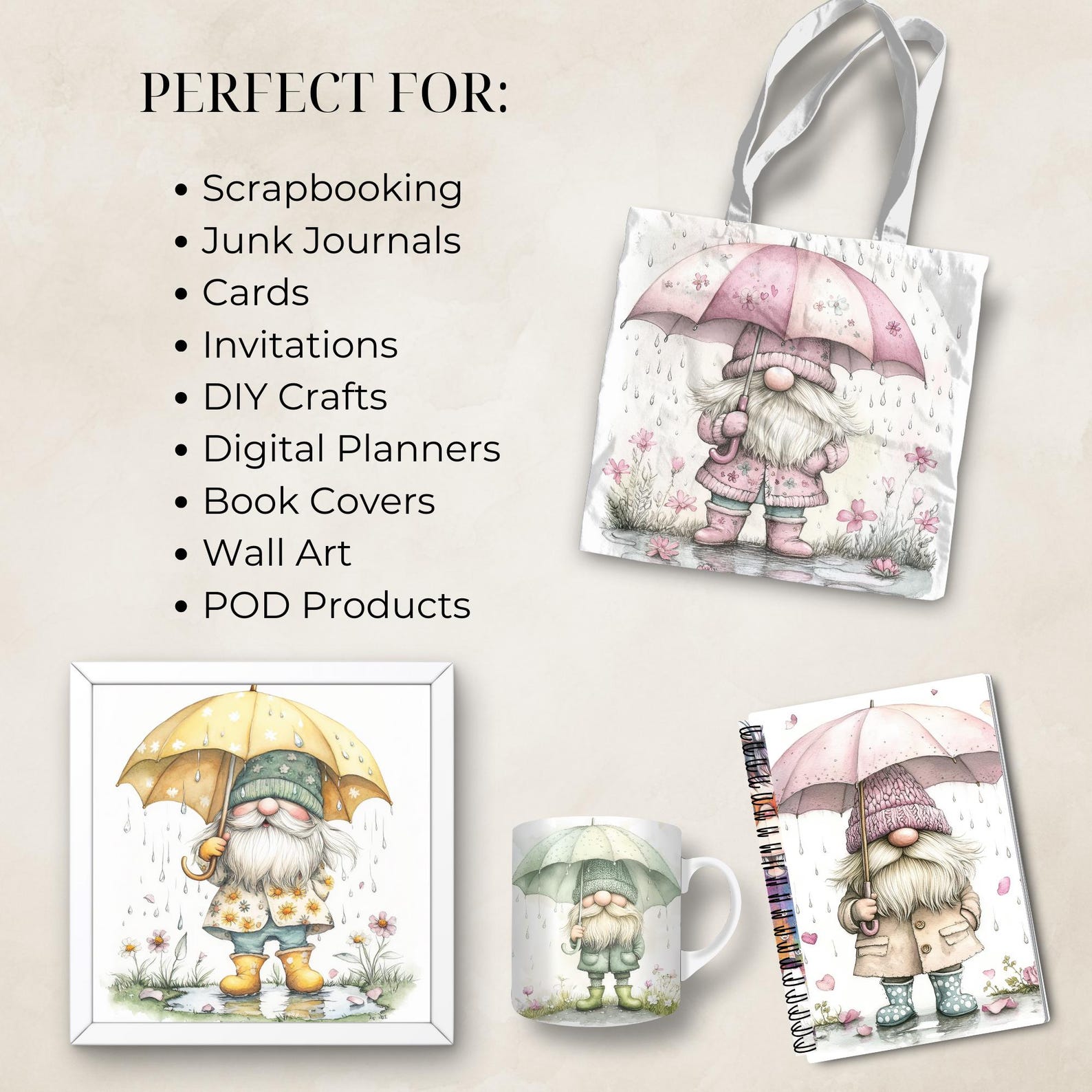 Spring Gnome Clipart: Whimsical Rainy Day Gnomes PNG for Scrapbooking ...
