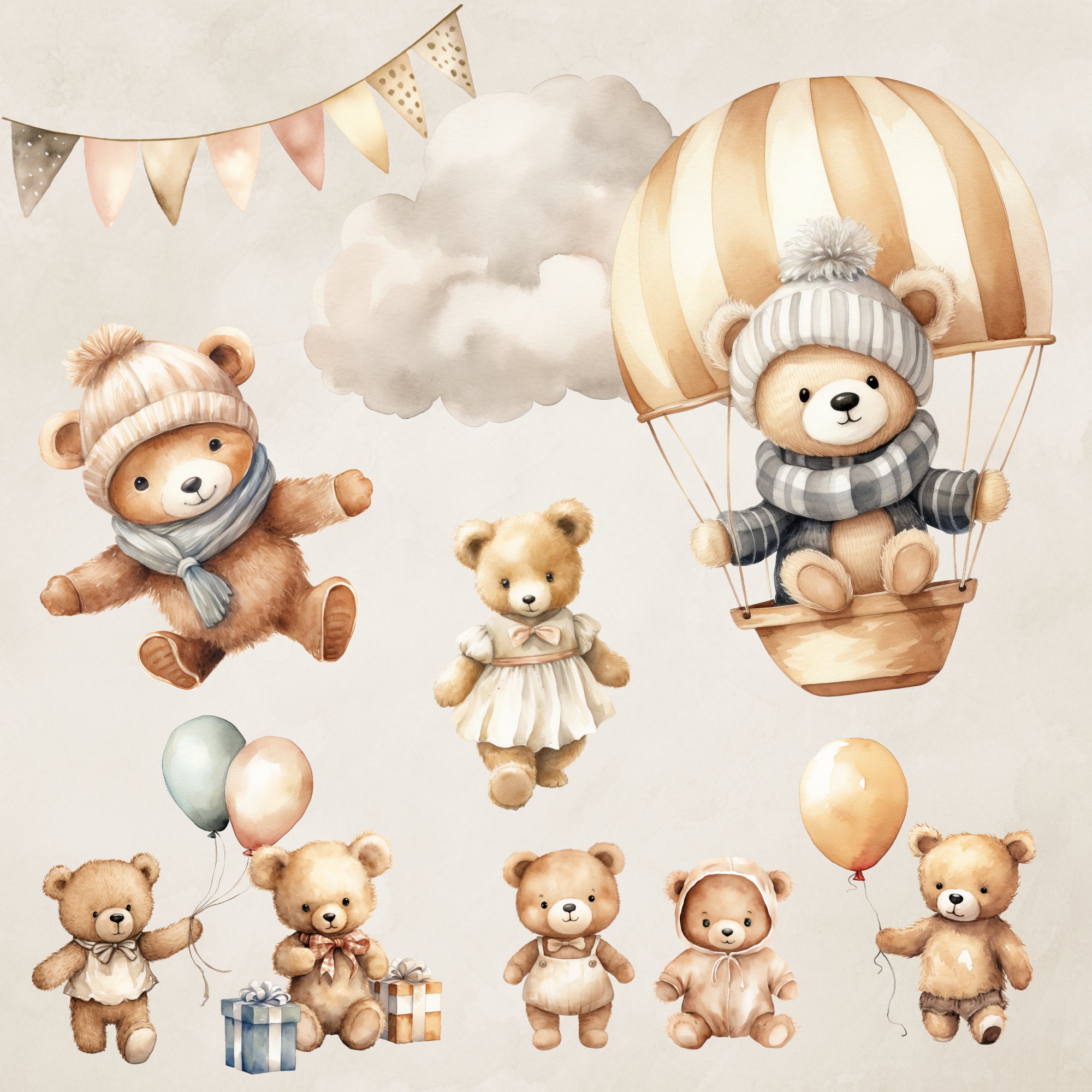 Watercolor Teddy Bear, Nursery Teddy Bear, Cute Teddy Clipart, Neutral ...