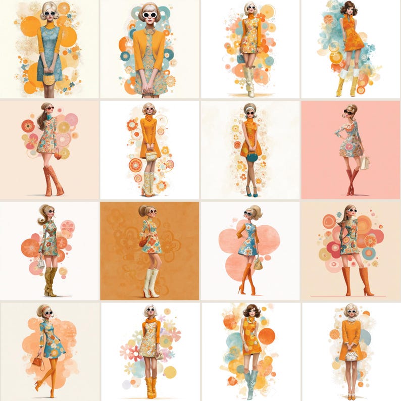 Quirky Retro Mod Girl Clipart | Watercolor 60s Fashion PNG for ...