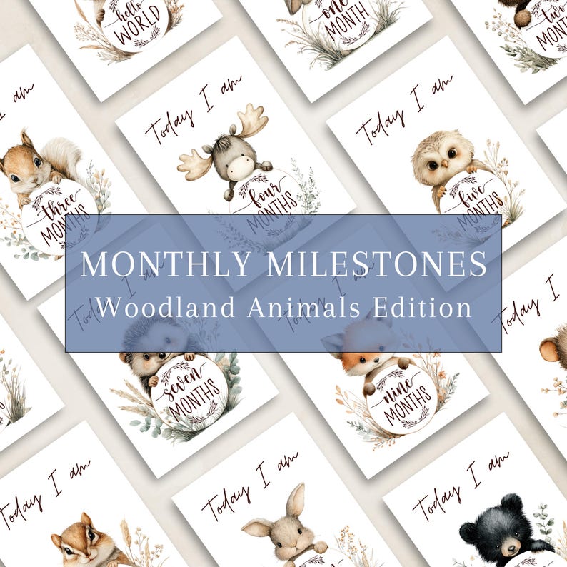 Woodland Animals Baby Milestone Cards | 5x7 Printable Monthly Newborn ...