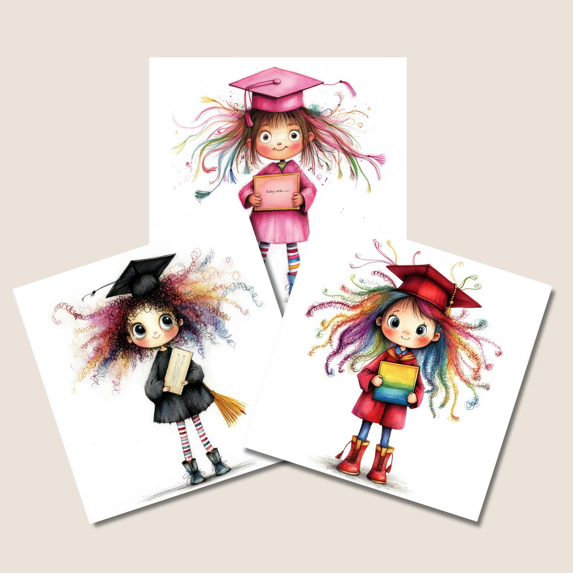 Quirky Graduation Girls Clipart | Whimsical Graduate PNG | Cap & Gown ...