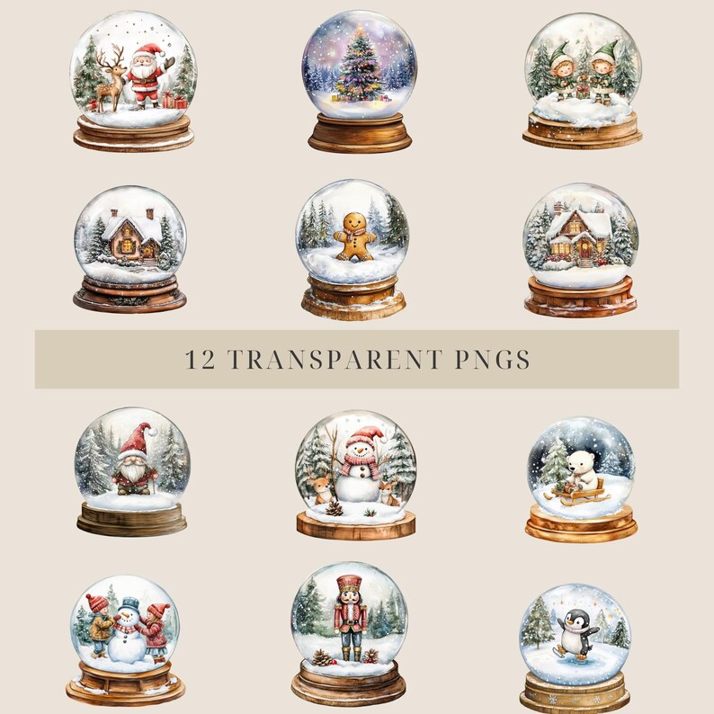 Christmas Snow Globe Clipart: Watercolor Santa Elves PNG for Cards ...