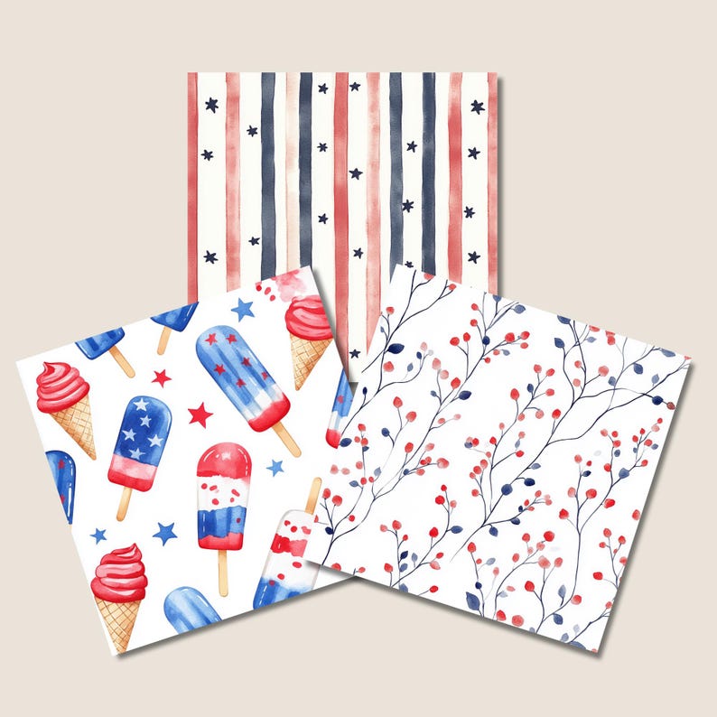 4th of July Digital Paper | Patriotic Watercolor Stars & Stripes | Red ...