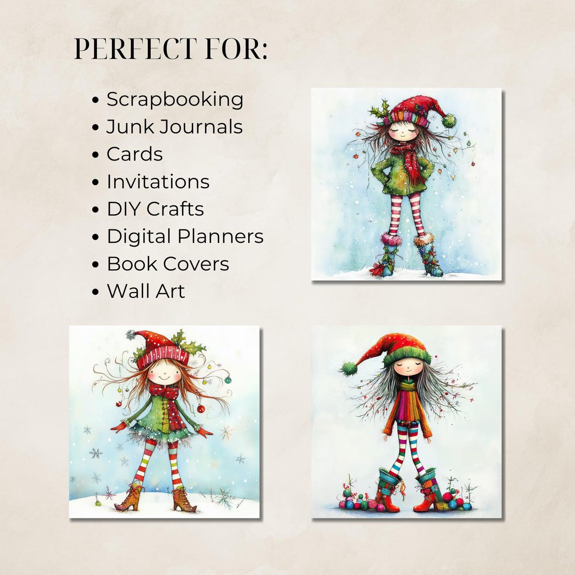 Whimsical Christmas Elves Clipart PNG | Festive Girl Elf Digital Art ...