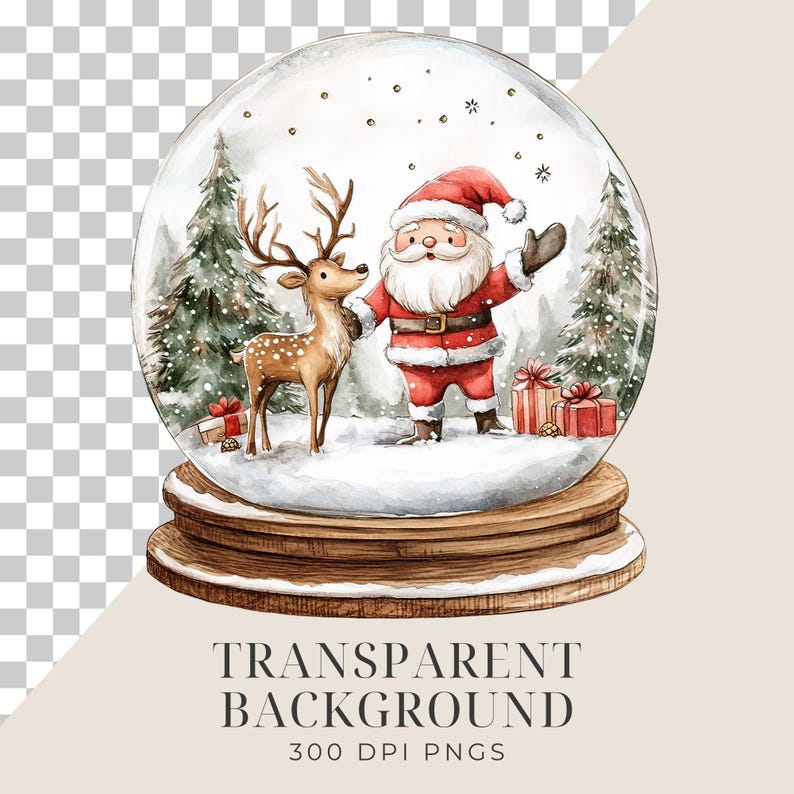 Christmas Snow Globe Clipart: Watercolor Santa Elves PNG for Cards ...