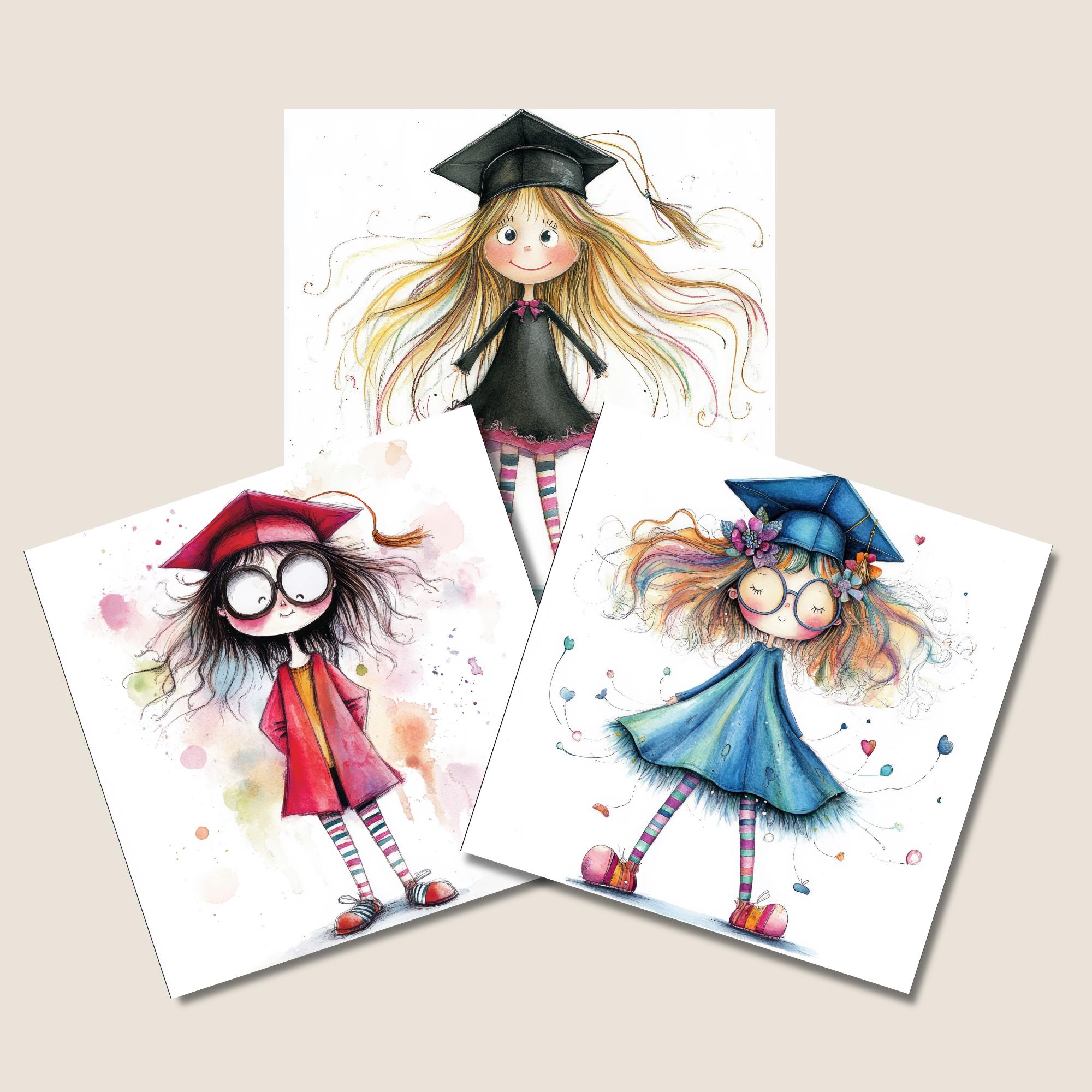 Quirky Graduation Girls Clipart | Whimsical Graduate PNG | Cap & Gown ...
