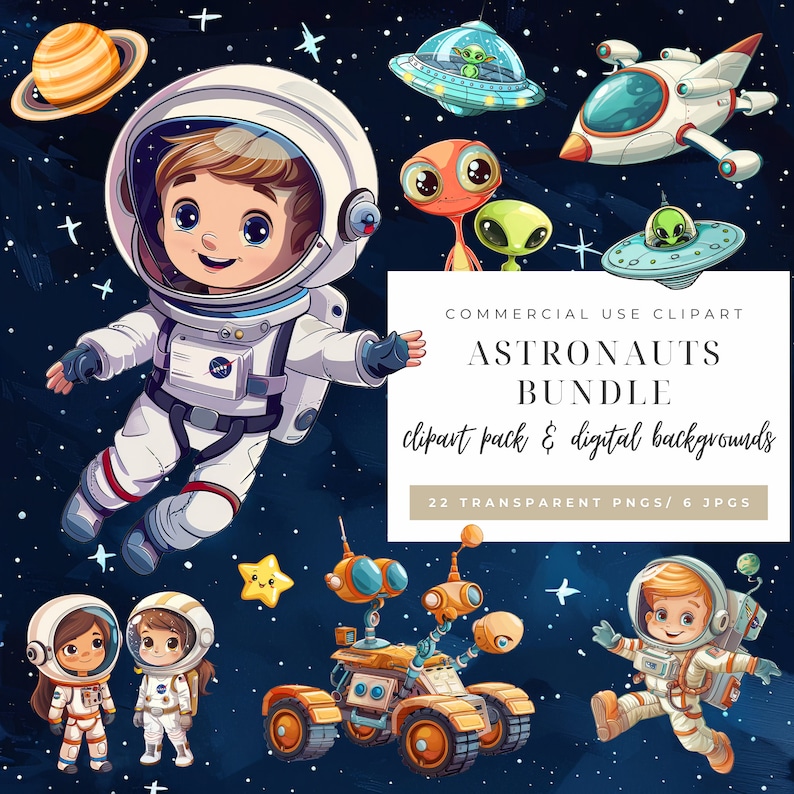 Space Astronaut Clipart PNG Bundle: Rockets, Ufos & Aliens for Crafts ...
