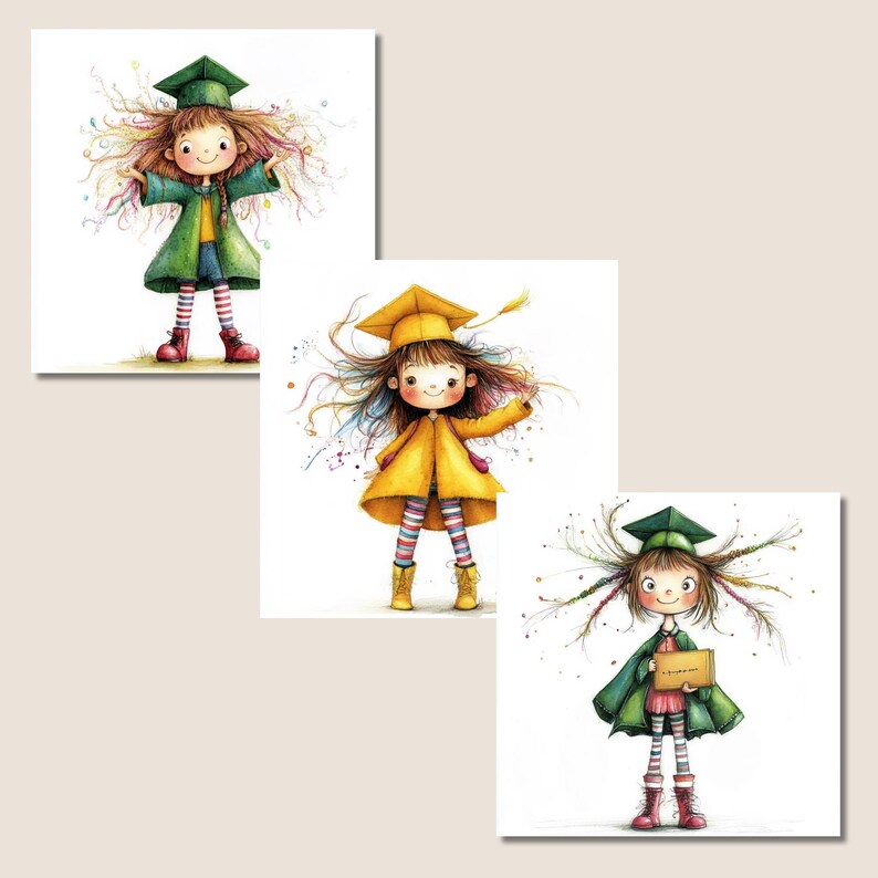 Quirky Graduation Girls Clipart | Whimsical Graduate PNG | Cap & Gown ...