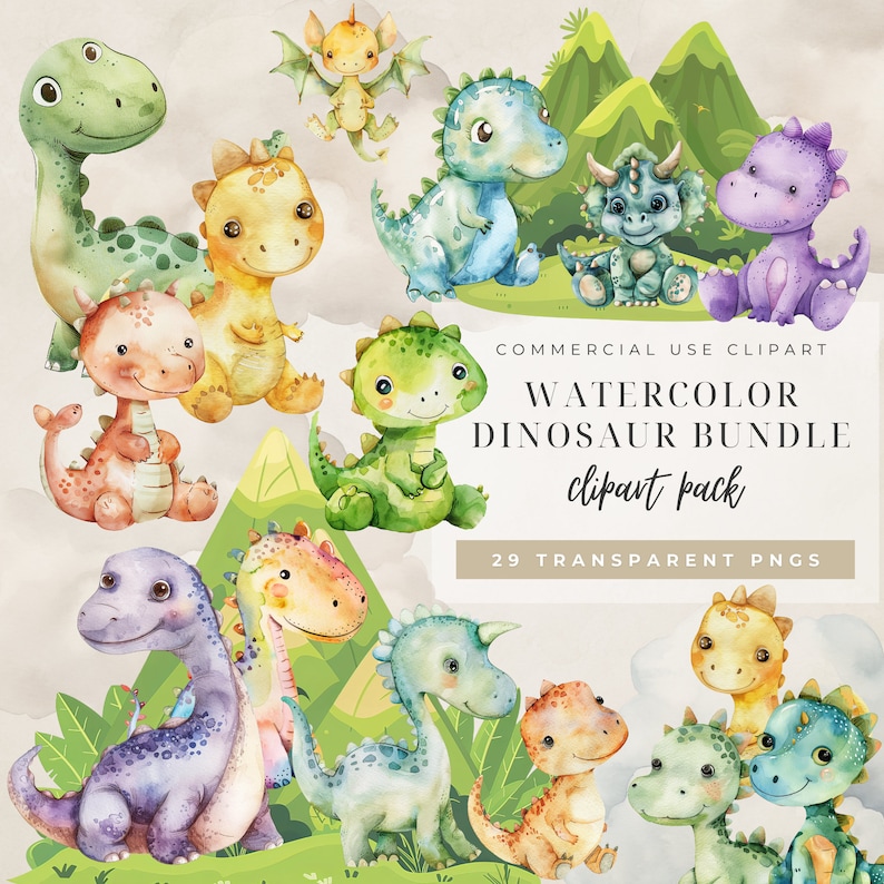 Watercolor Dinosaur Clipart Bundle: Cute Pngs for Nursery Decor ...