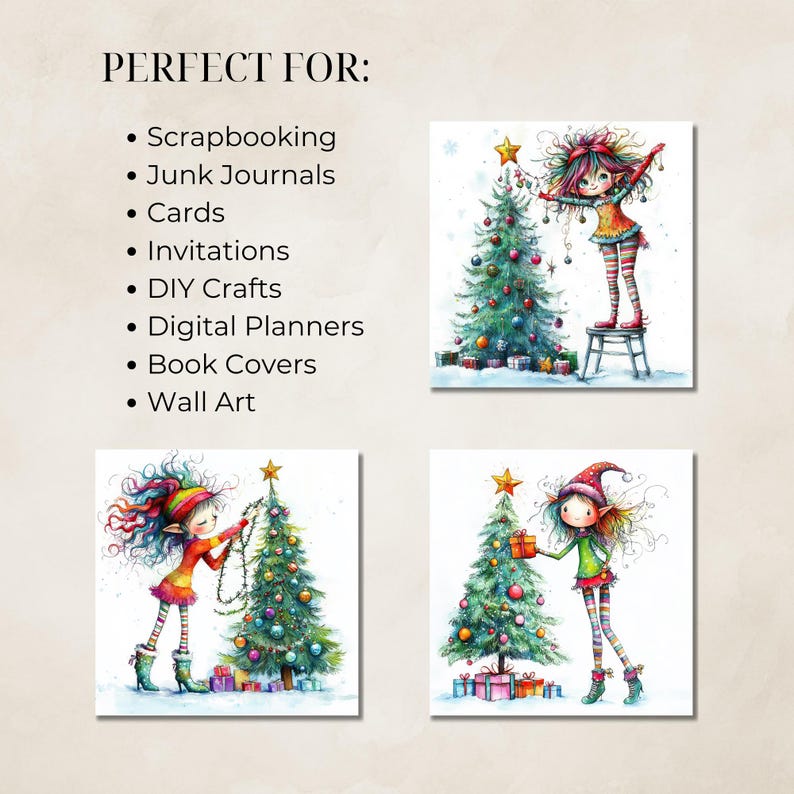 Quirky Christmas Elves Clipart Set: Whimsical Tree Decorating PNG for ...