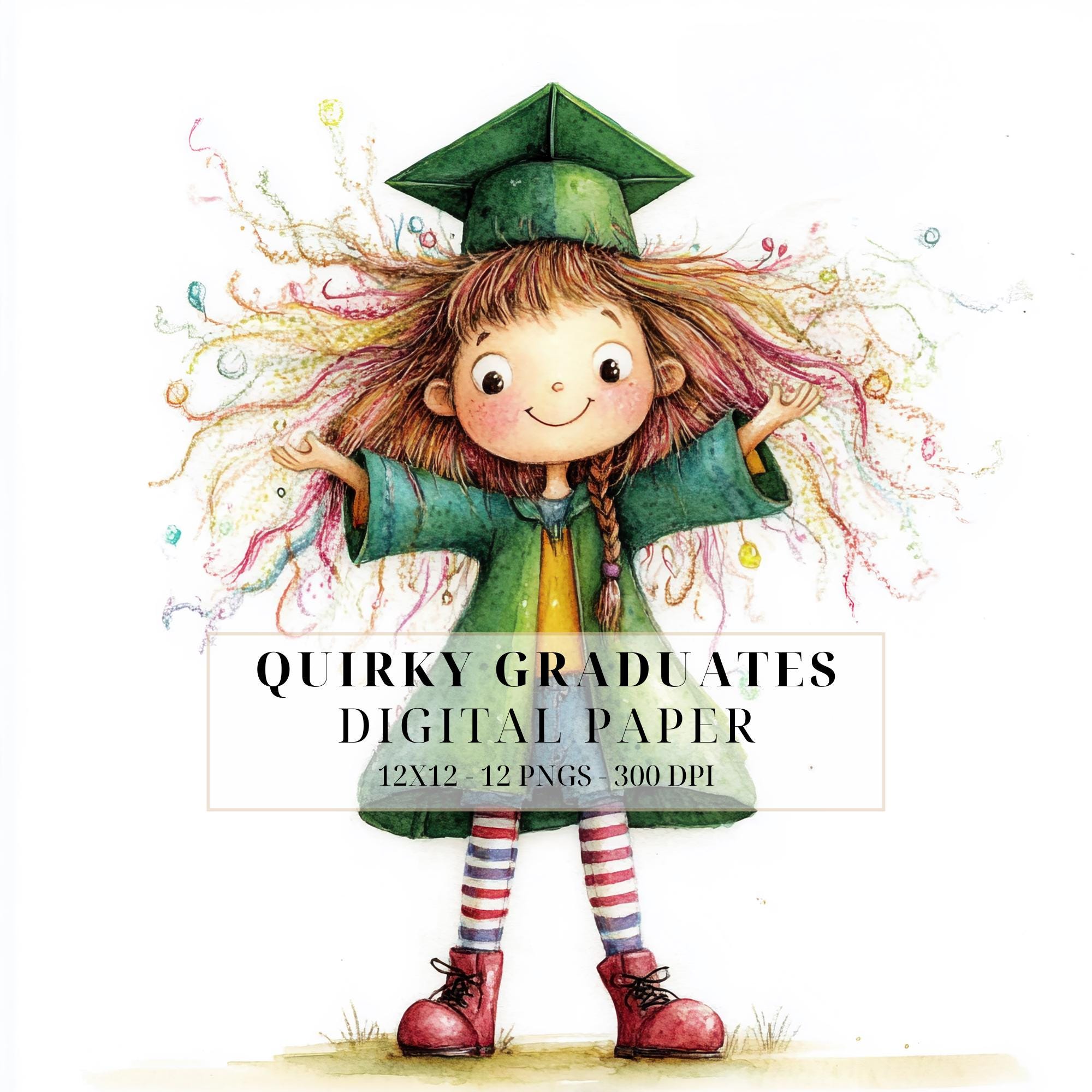 Quirky Graduation Girls Clipart | Whimsical Graduate PNG | Cap & Gown ...