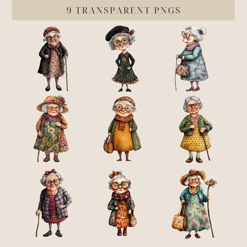 Whimsical Quirky Old Ladies Clipart | Funny Old Lady Graphics | Sassy ...