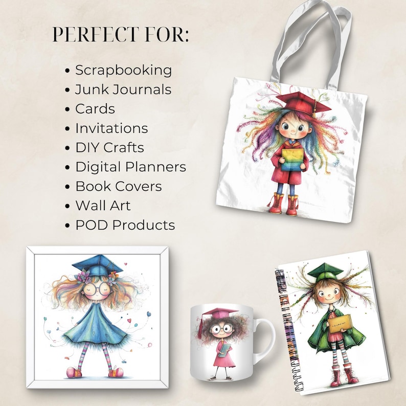 Quirky Graduation Girls Clipart | Whimsical Graduate PNG | Cap & Gown ...