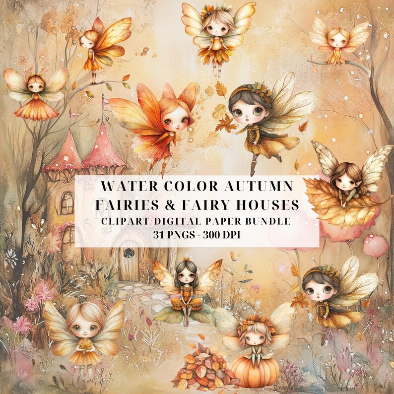 Watercolor Autumn Fairies & Fairy Houses Clipart Bundle | Digital Paper ...
