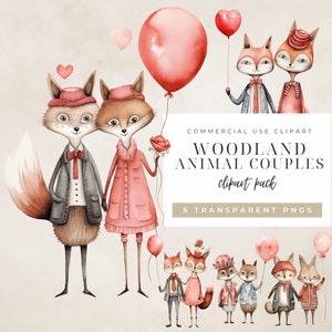 Woodland Animals Valentine Clipart PNG Bundle: Boho Animal Couples for ...