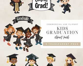 Kids Graduation Clipart PNG Bundle: Preschool & Kindergarten Graduate ...