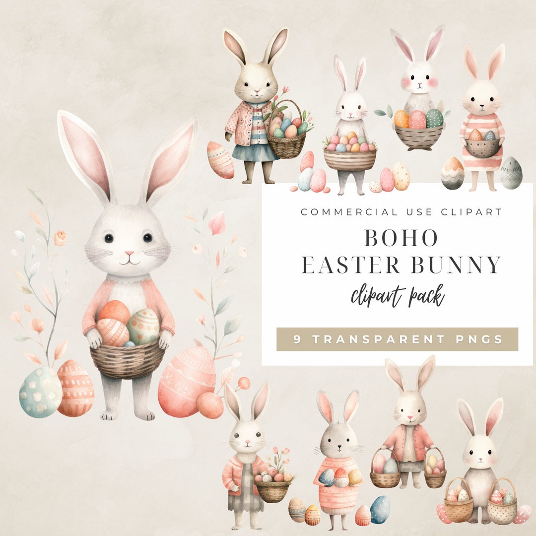 Boho Easter Bunny Clipart, Bunny Clipart Commercial Use, Whimsical ...