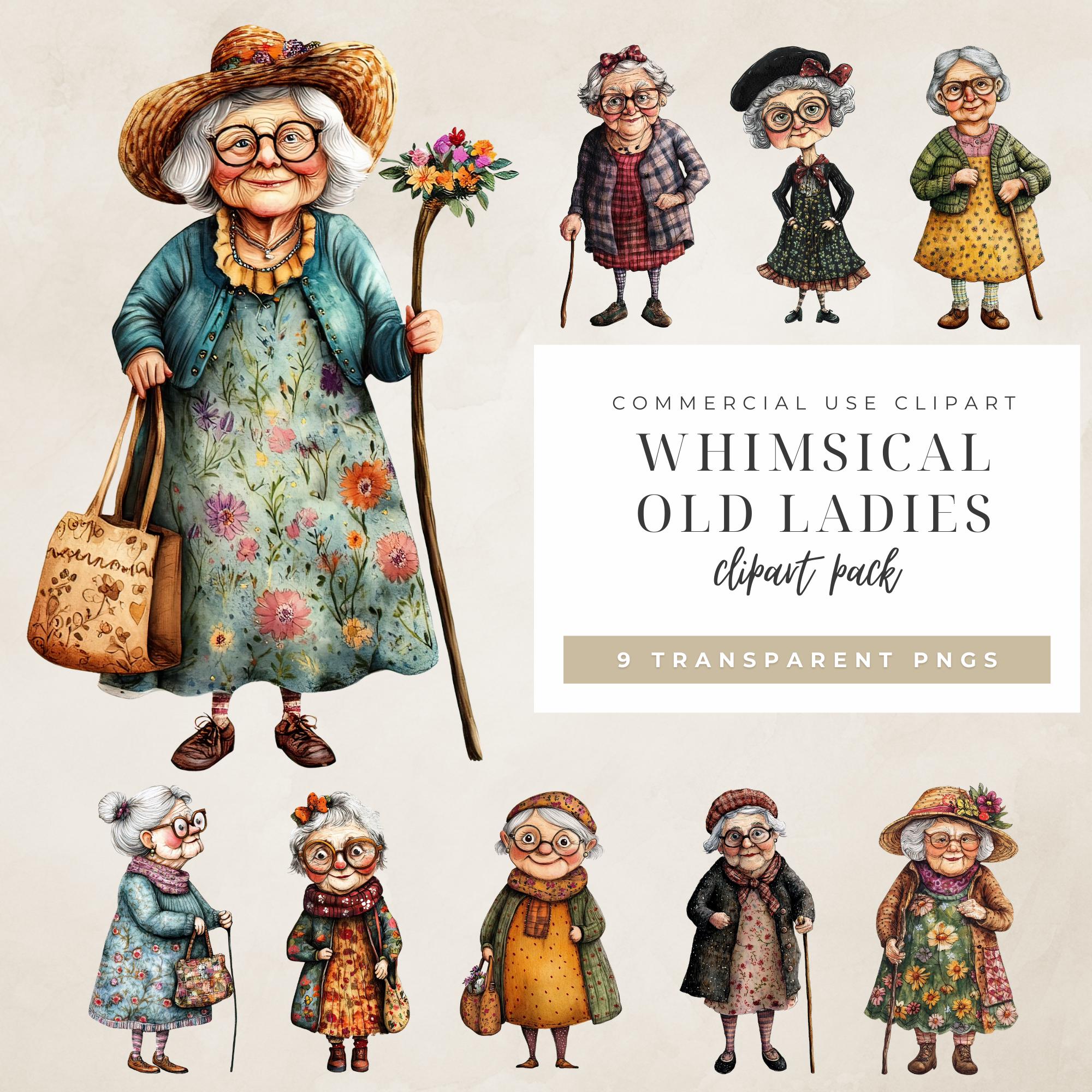 Whimsical Quirky Old Ladies Clipart | Funny Old Lady Graphics | Sassy ...