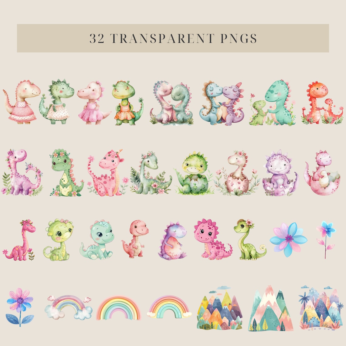 Whimsical Baby Dino Watercolor Clipart Bundle - Girl Dinos, Dinosaur ...