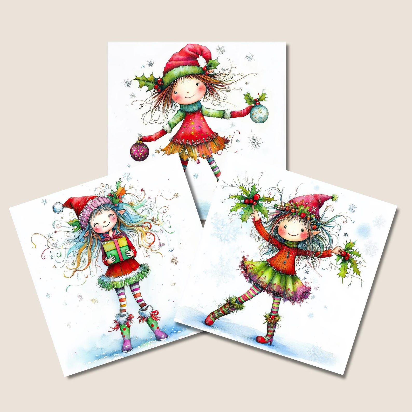 Whimsical Christmas Elves Clipart PNG | Festive Girl Elf Digital Art ...
