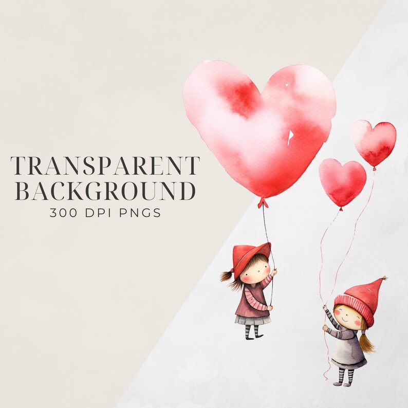 Kids and Balloons Clipart, Heart Balloon Png, Children's Illustration ...