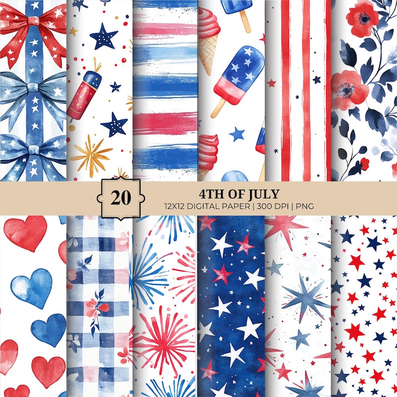 4th of July Digital Paper | Patriotic Watercolor Stars & Stripes | Red ...