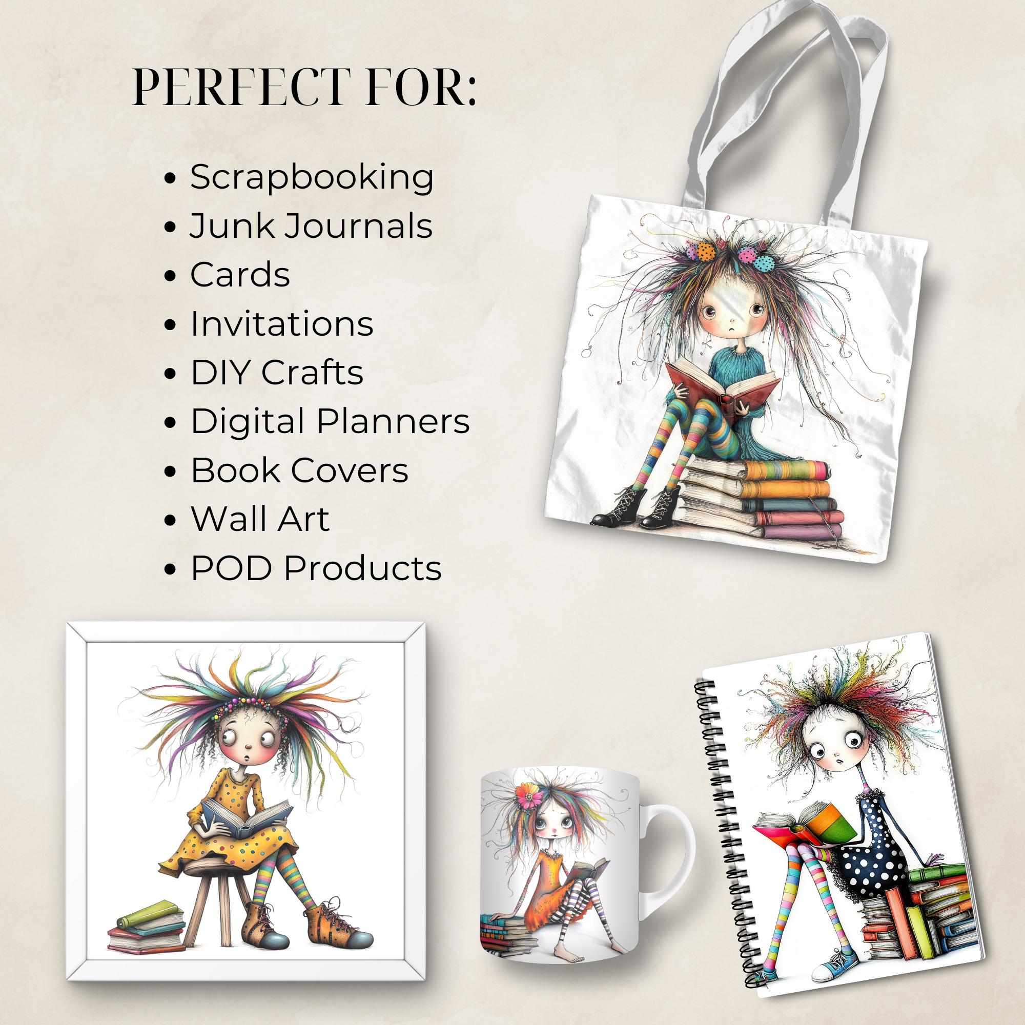 Quirky Book Lover Clipart | Whimsical Girls Reading PNG for ...