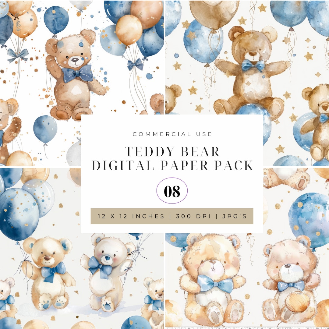 Cute Blue Teddy Bear Pattern Paper Pack: Baby Boy Shower, Nursery Decor ...