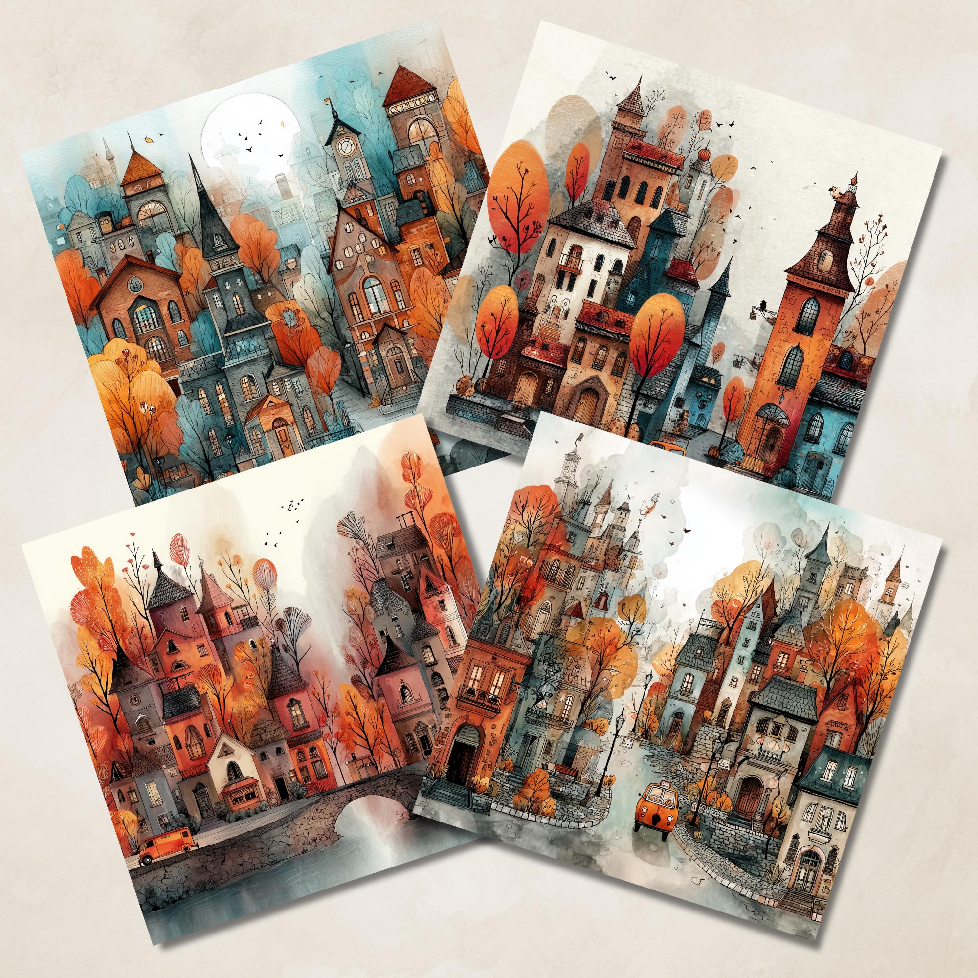 Whimsical Fall Town PNG, Autumn Village Clipart for Scrapbooking, Junk ...