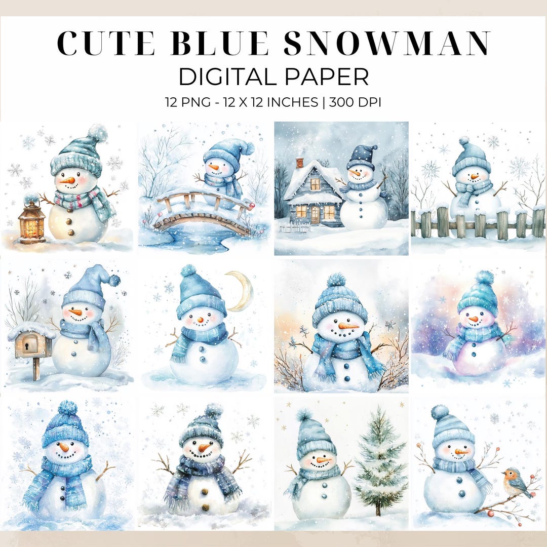 Watercolor Blue Snowman Digital Paper Winter Wonderland Clipart ...