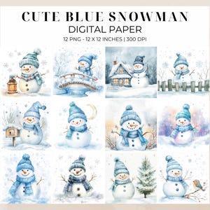 Watercolor Blue Snowman Digital Paper Winter Wonderland Clipart ...