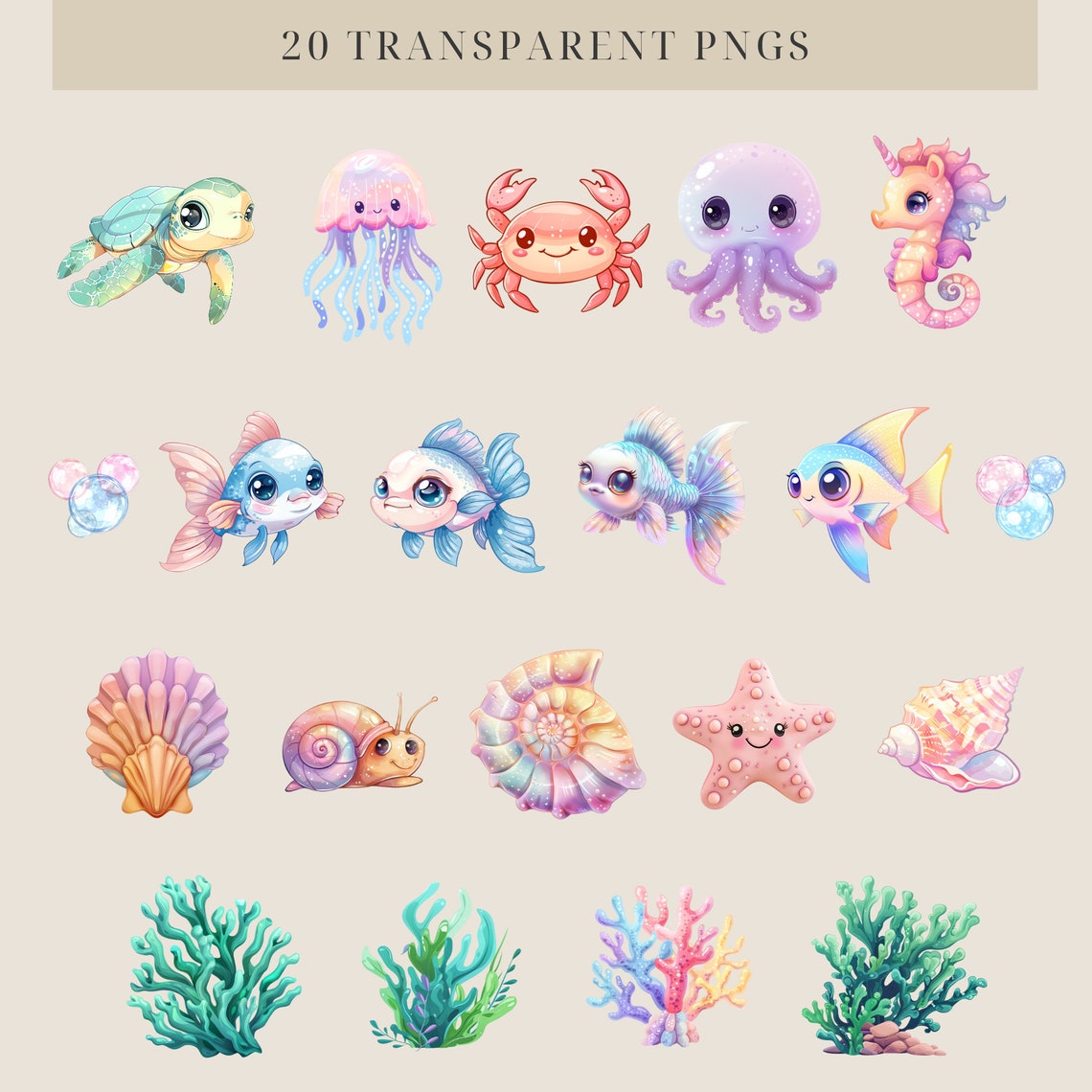 Pastel Sea Animals Clipart: Watercolor PNG Images for Nursery Decor ...
