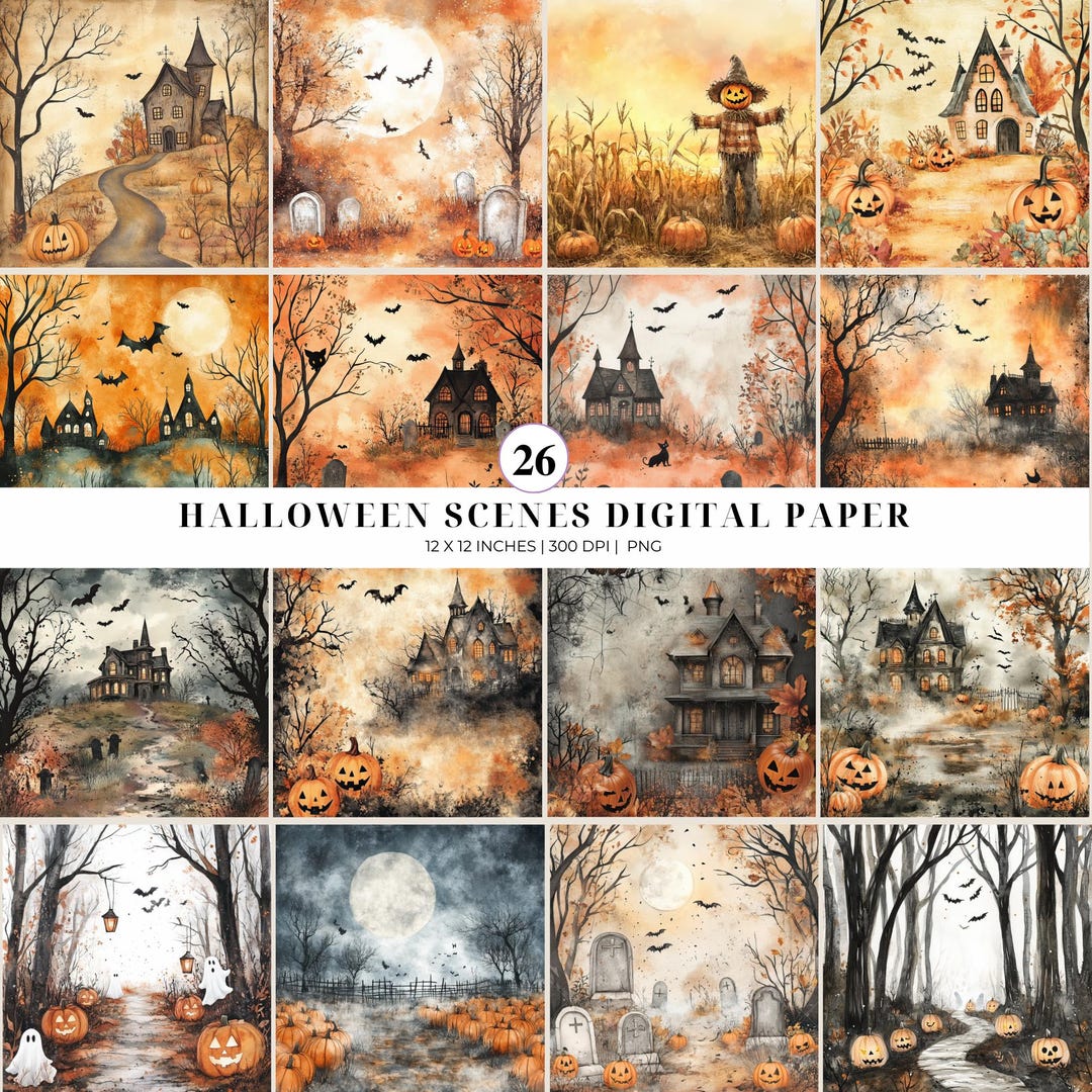 Halloween Scenes Digital Paper - Watercolor Landscapes | Printable ...