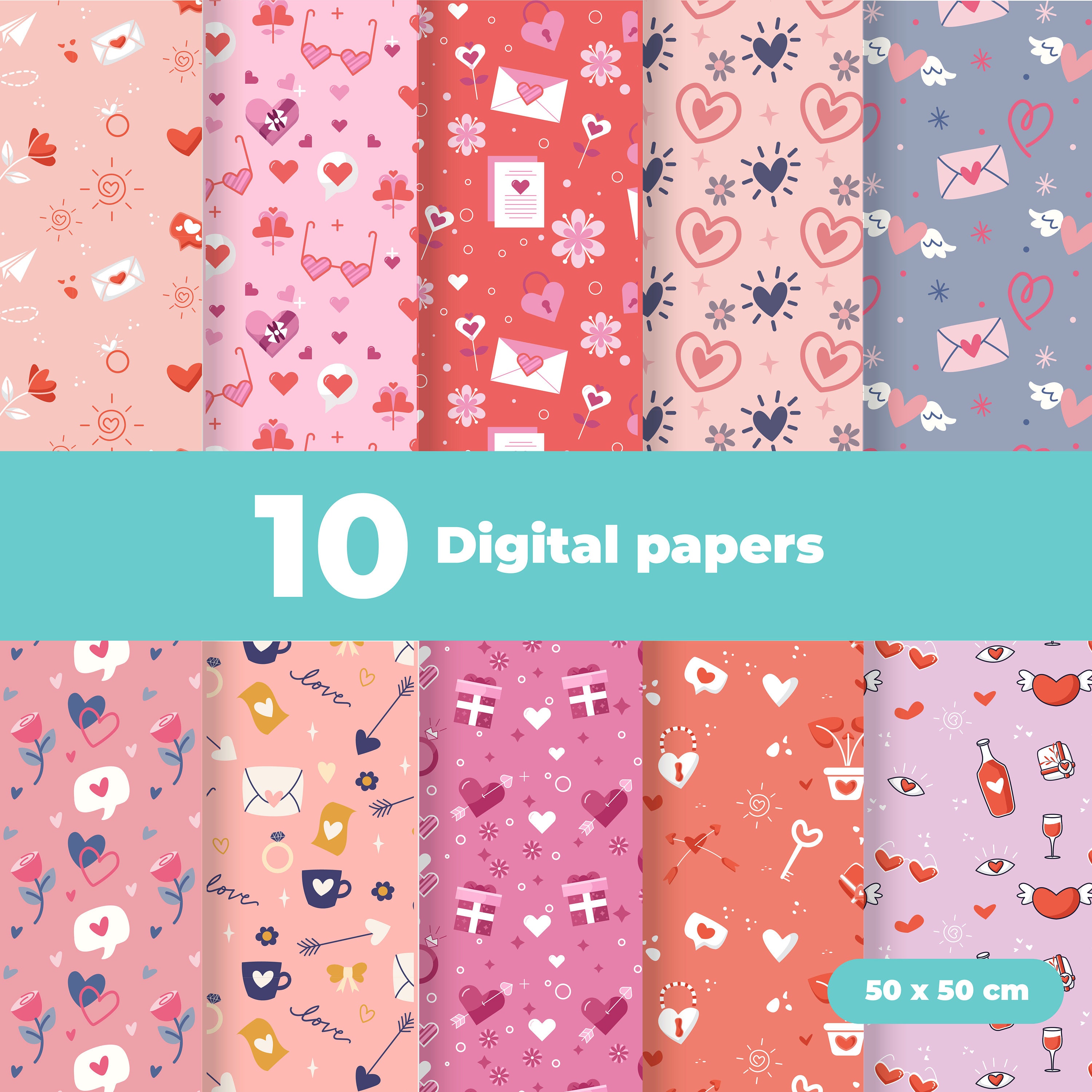 10 Printable Digital Paper Pack, Valentines Digital Paper, Valentine's ...