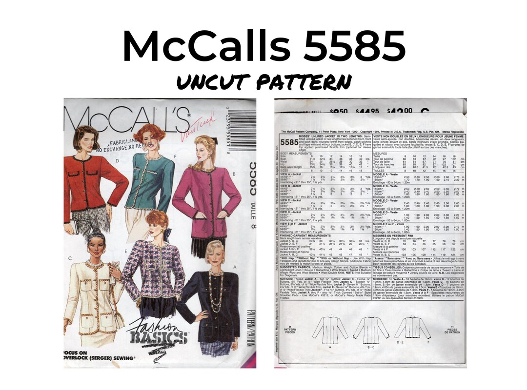 Mccalls 5585 Jacket Sewing Pattern, Uncut, Size 8, 1991 Blazer - Etsy