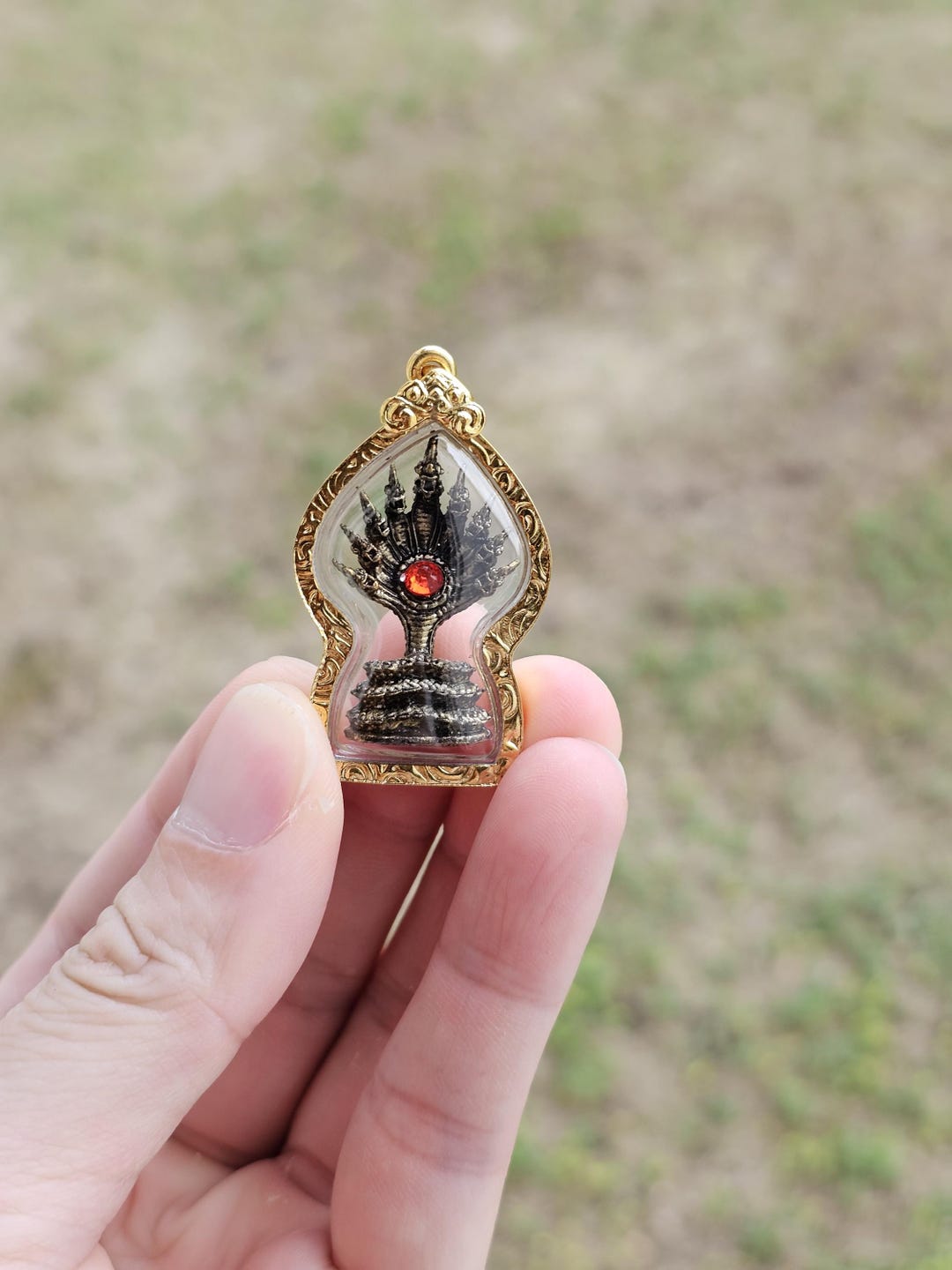 Amulet Pendant Naga 9 Headed Eye Gem Phaya Nak Buddha Thai Gold Case ...