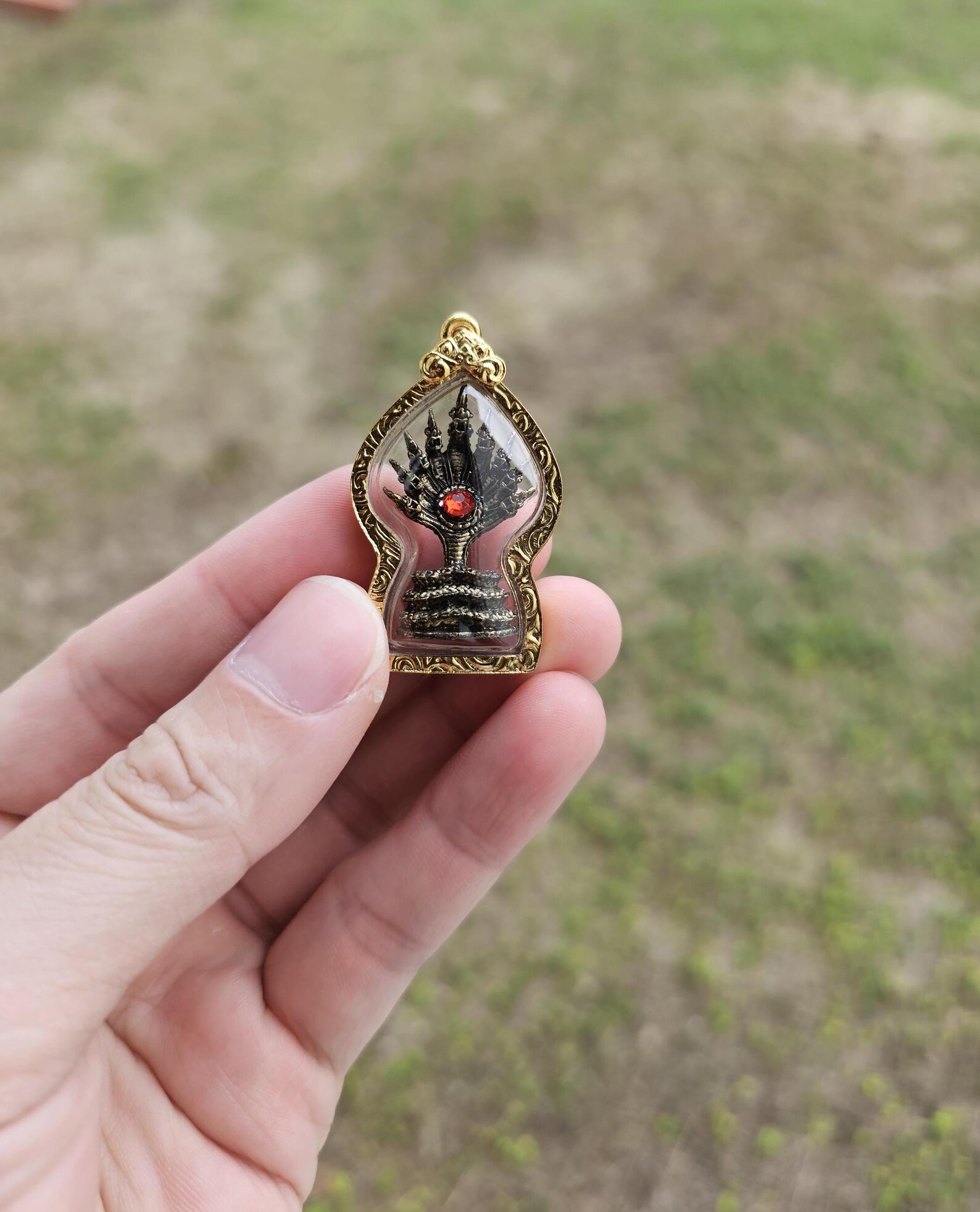 Amulet Pendant Naga 9 Headed Eye Gem Phaya Nak Buddha Thai Gold Case ...