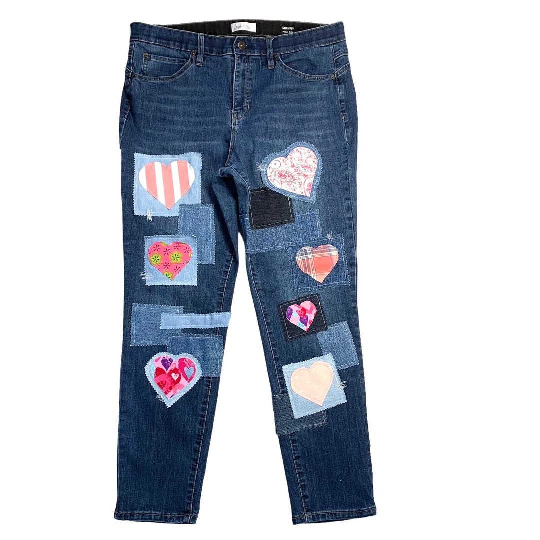 Patchwork Boho Jeans Pink Heart Patches Skinny Denim Womens 14 Nicole ...