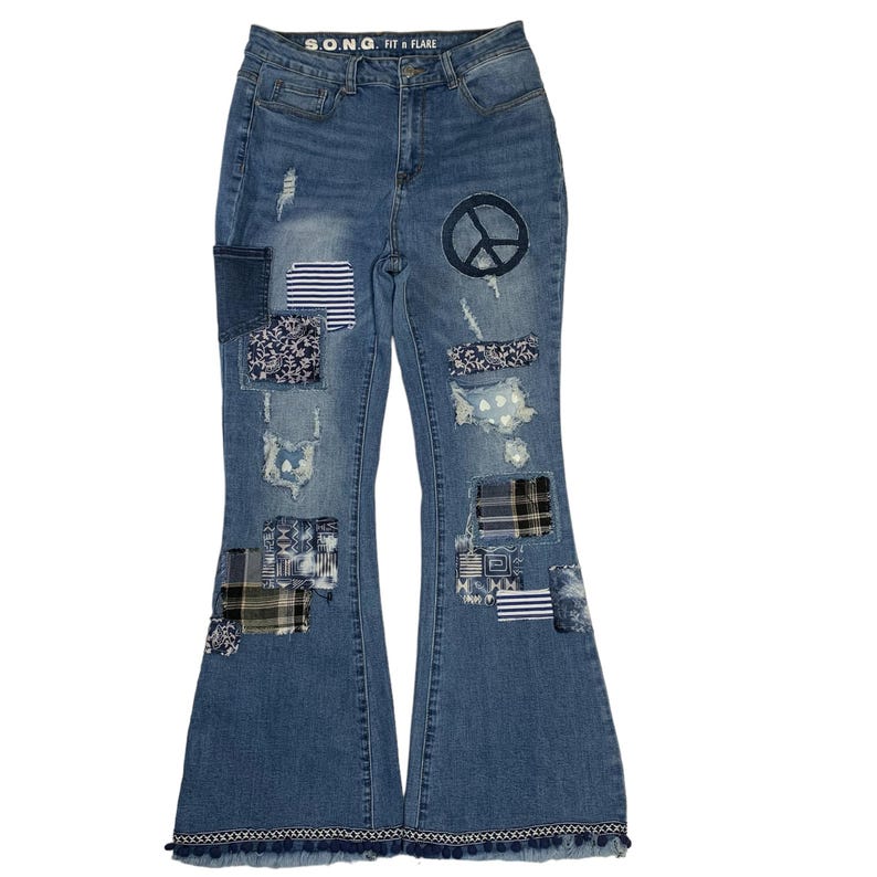 Patchwork Boho Bell Bottom Jeans Blue Patchwork Distressed Denim Peace ...