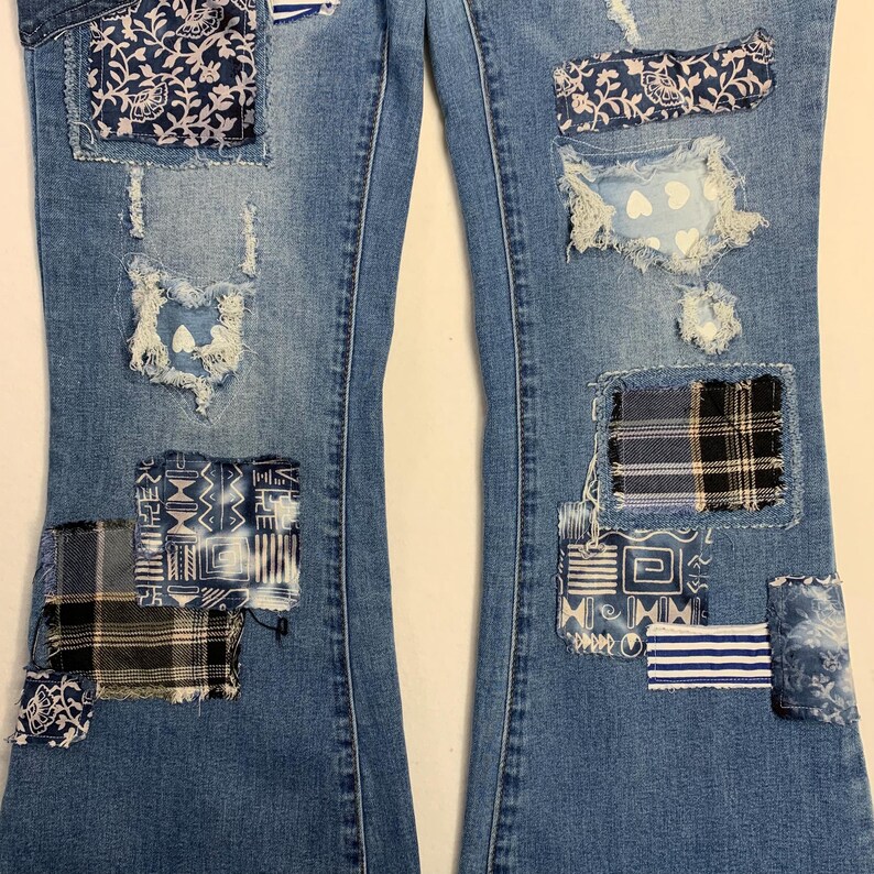 Patchwork Boho Bell Bottom Jeans Blue Patchwork Distressed Denim Peace ...