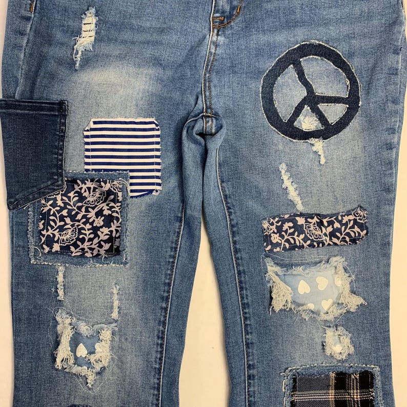 Patchwork Boho Bell Bottom Jeans Blue Patchwork Distressed Denim Peace ...