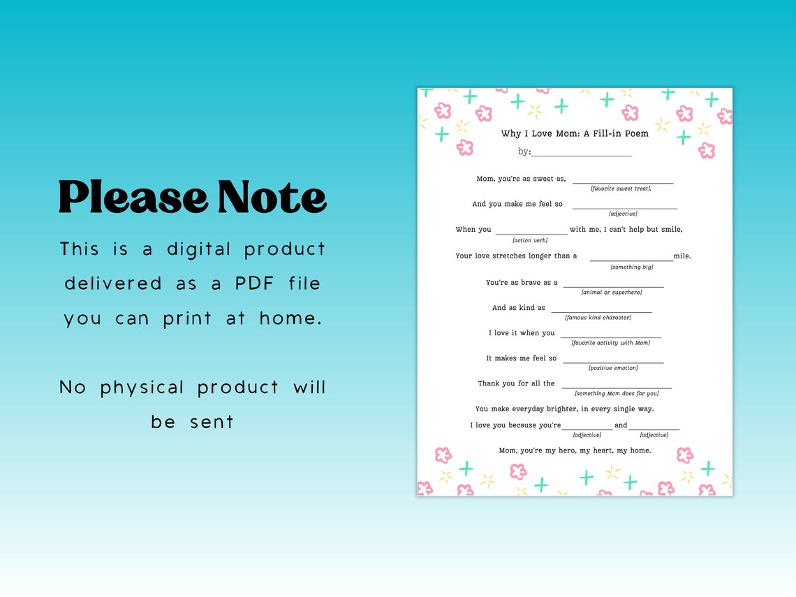 Mother's Day Madlib, Why I Love Mom, Mother's Day Poem, Why I Love Mom ...