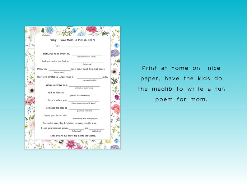Mother's Day Madlib, Mother's Day Poem, Why I Love Mom, Printable ...
