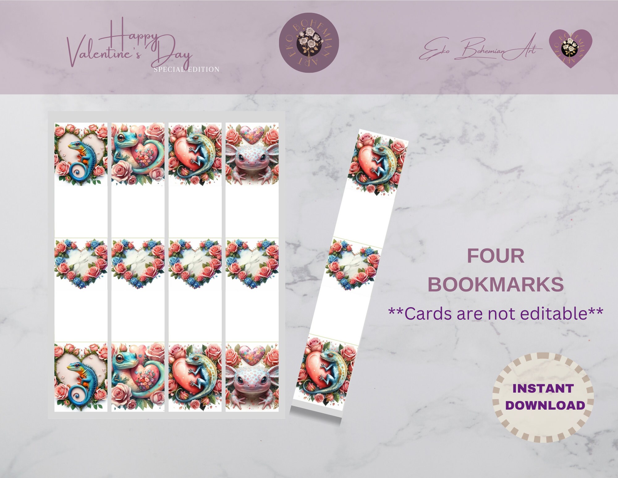 Printable LIZARD & AXOLOTL Valentine's Day Cards and Bookmarks ...