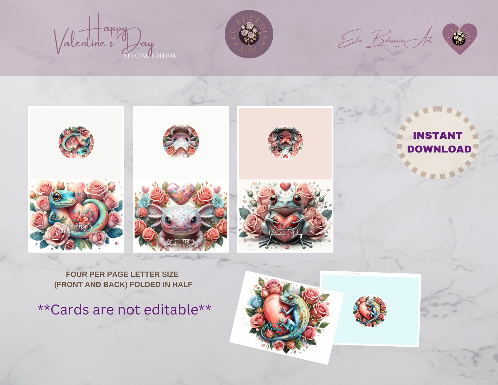 Printable LIZARD & AXOLOTL Valentine's Day Cards and Bookmarks ...